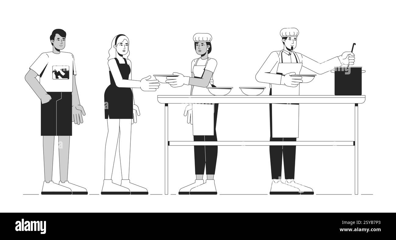 Soup kitchen volunteers serving meals outline illustration Stock Vector ...