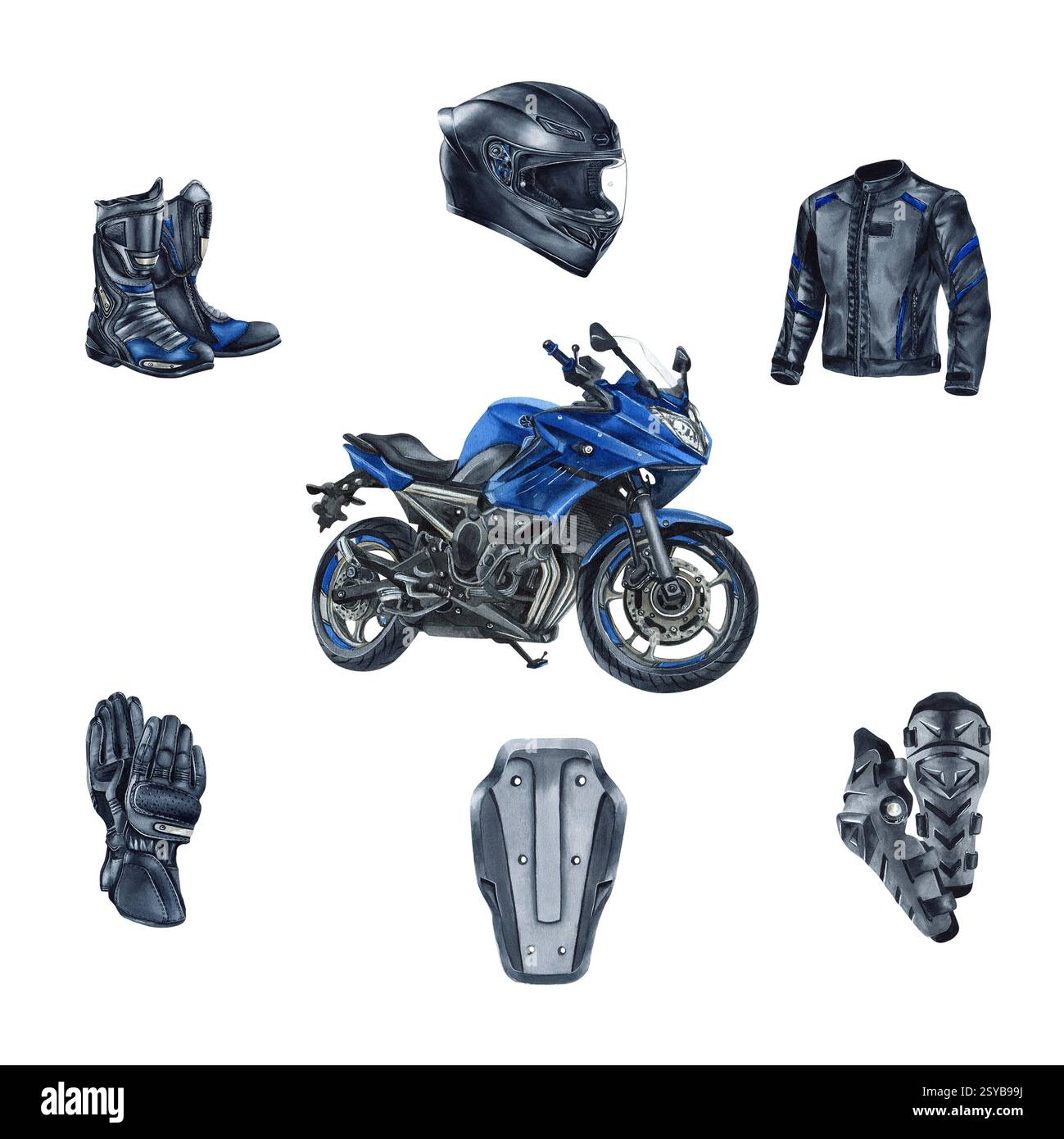 Set with motorcycle and pair of gloves, knee pad, back protection ...