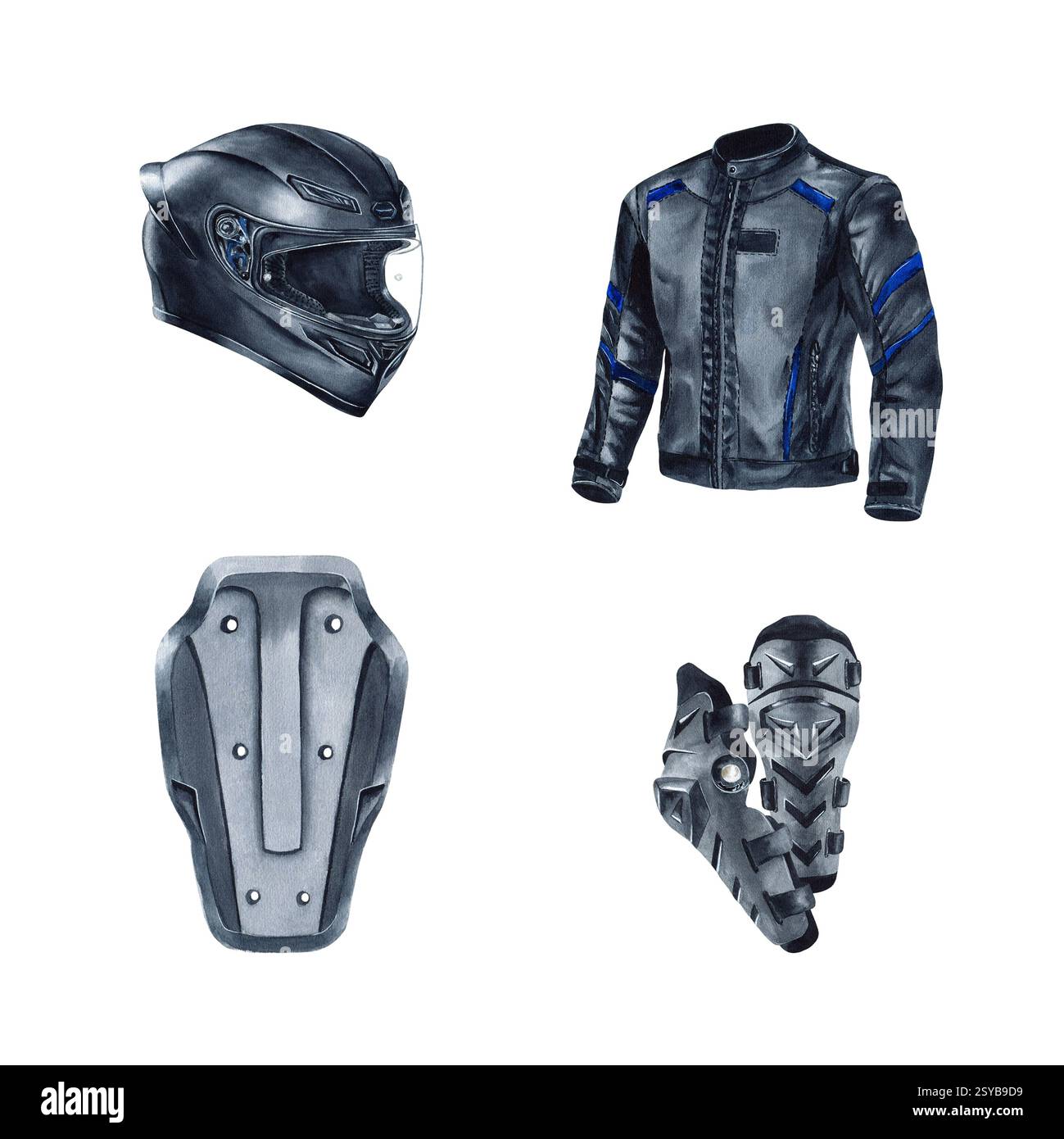 Set with moto gear. Crash helmet, kneepad, back insert protection and ...