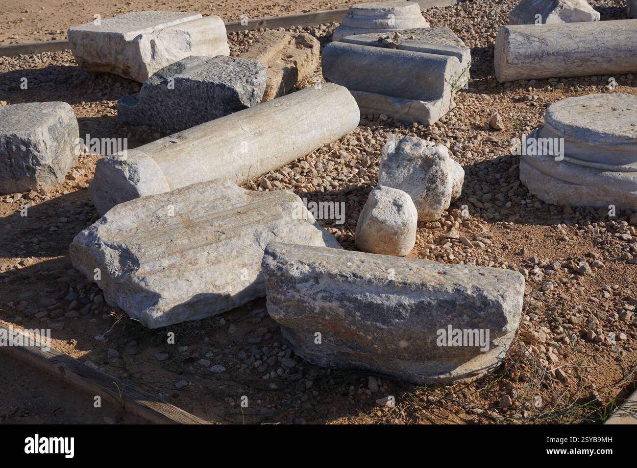 Fragments of columns in the ancient fortress of the Crusaders Apollonia ...