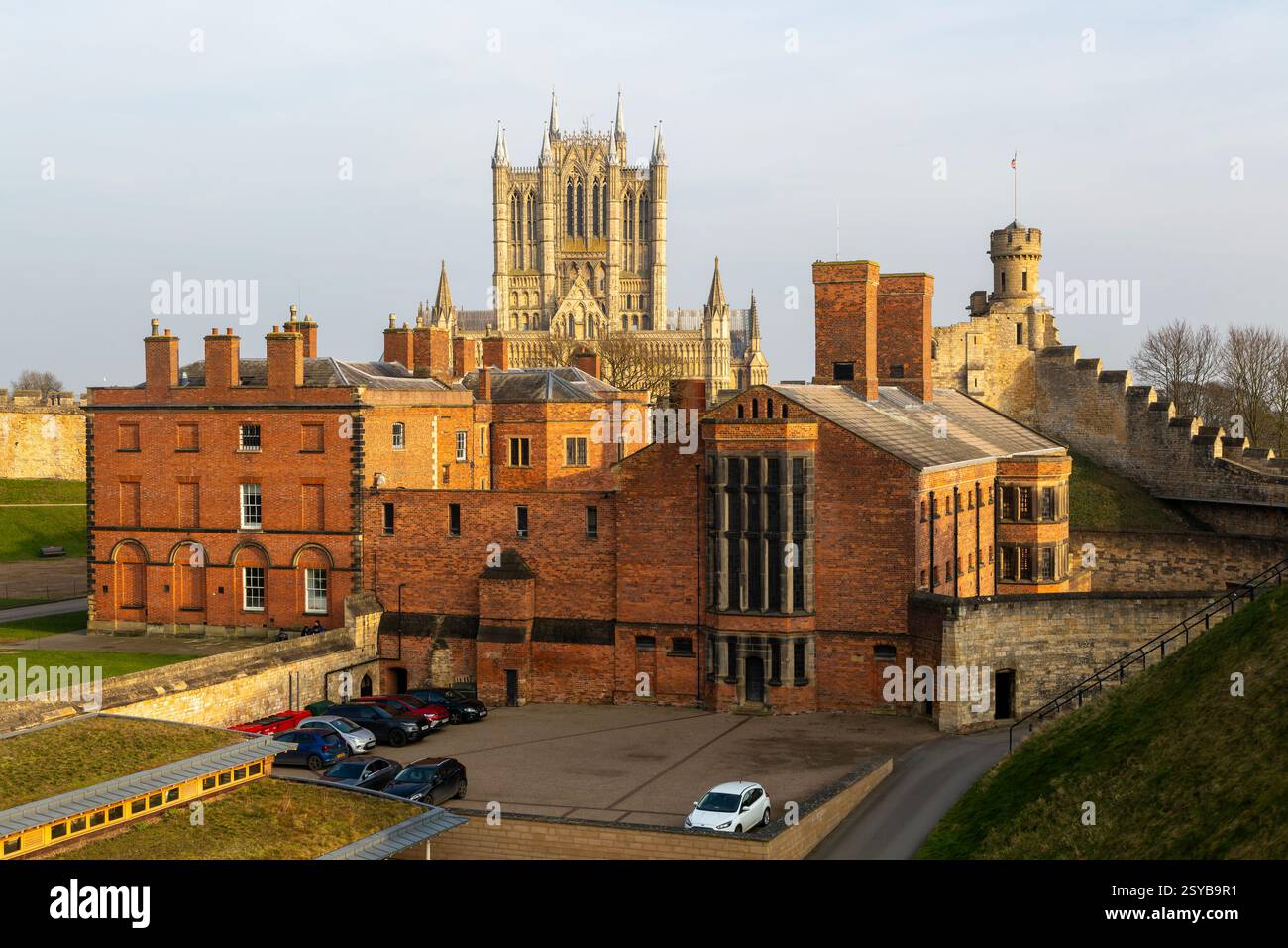 Cathedral and Victorian prison from medieval wall, inside Lincoln ...