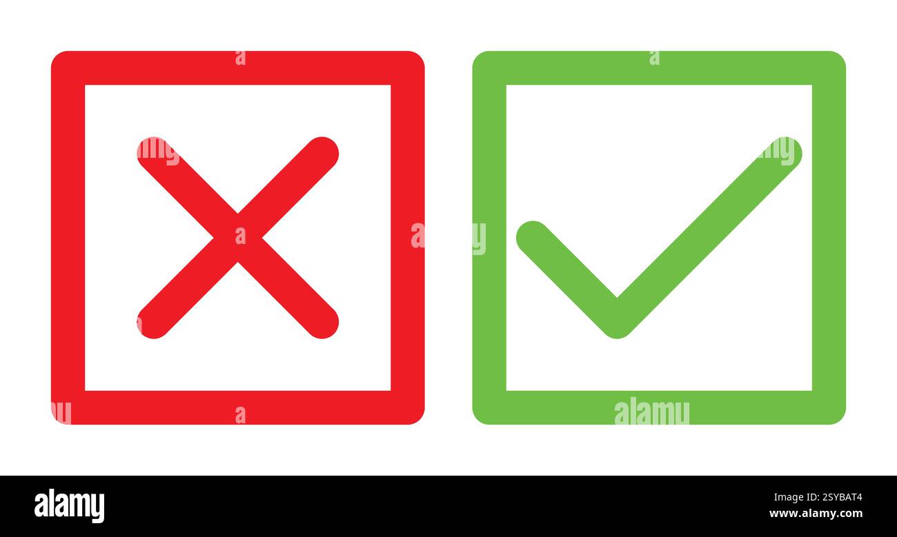 green tick and red x in square, OK check mark and X cross icon symbol ...