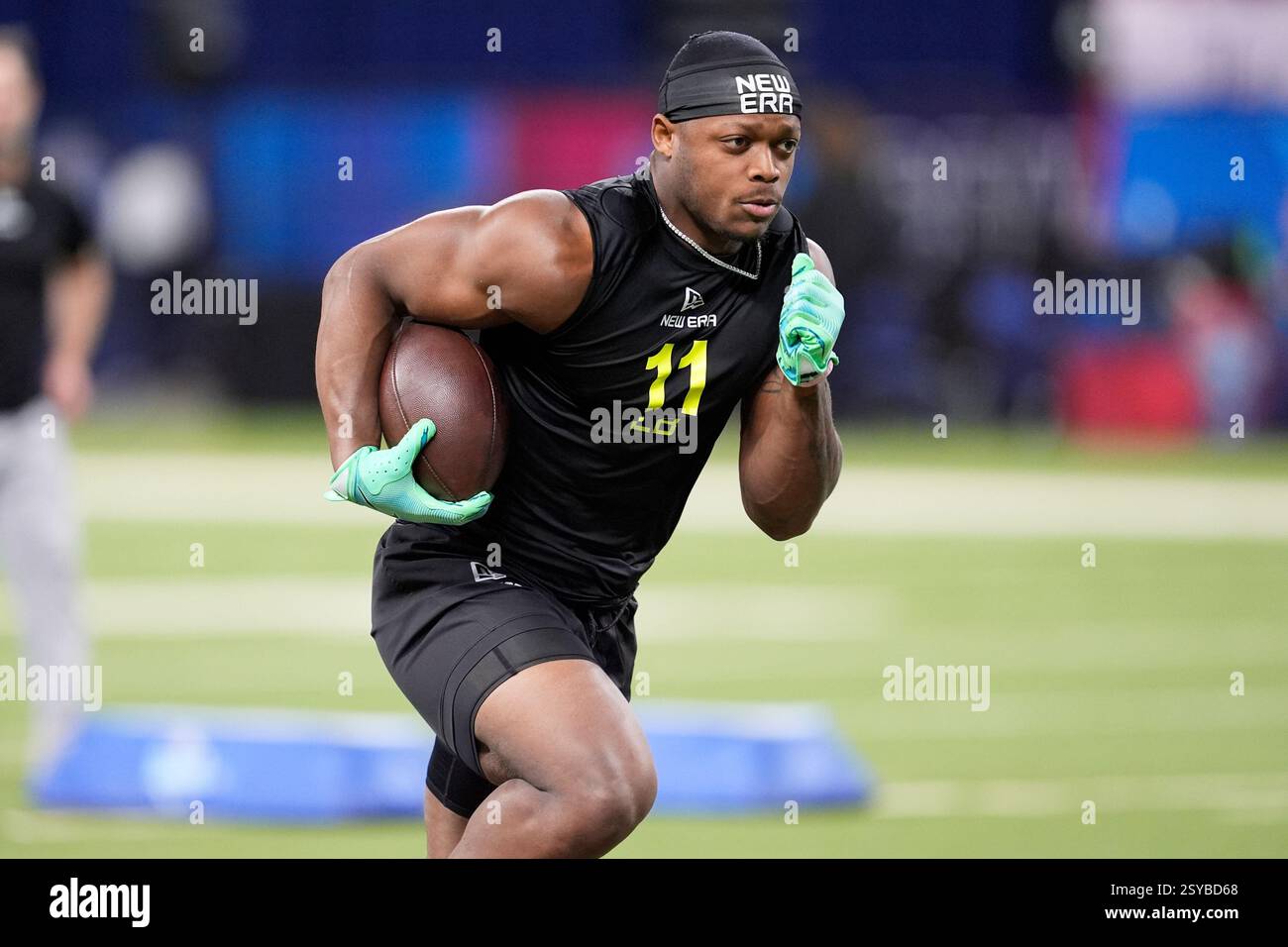 Penn State linebacker Kobe King runs a drill at the NFL football ...