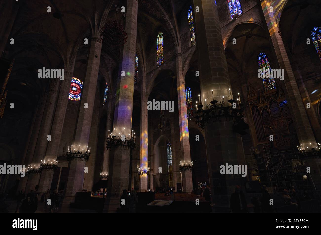 Play of colours, play of light, colourful church windows, interior view ...