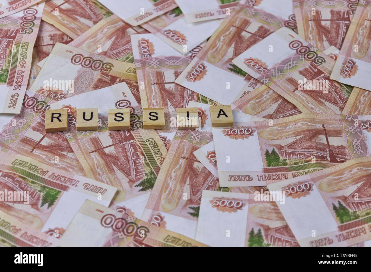 Background of five thousand Russian ruble banknotes with inscription ...