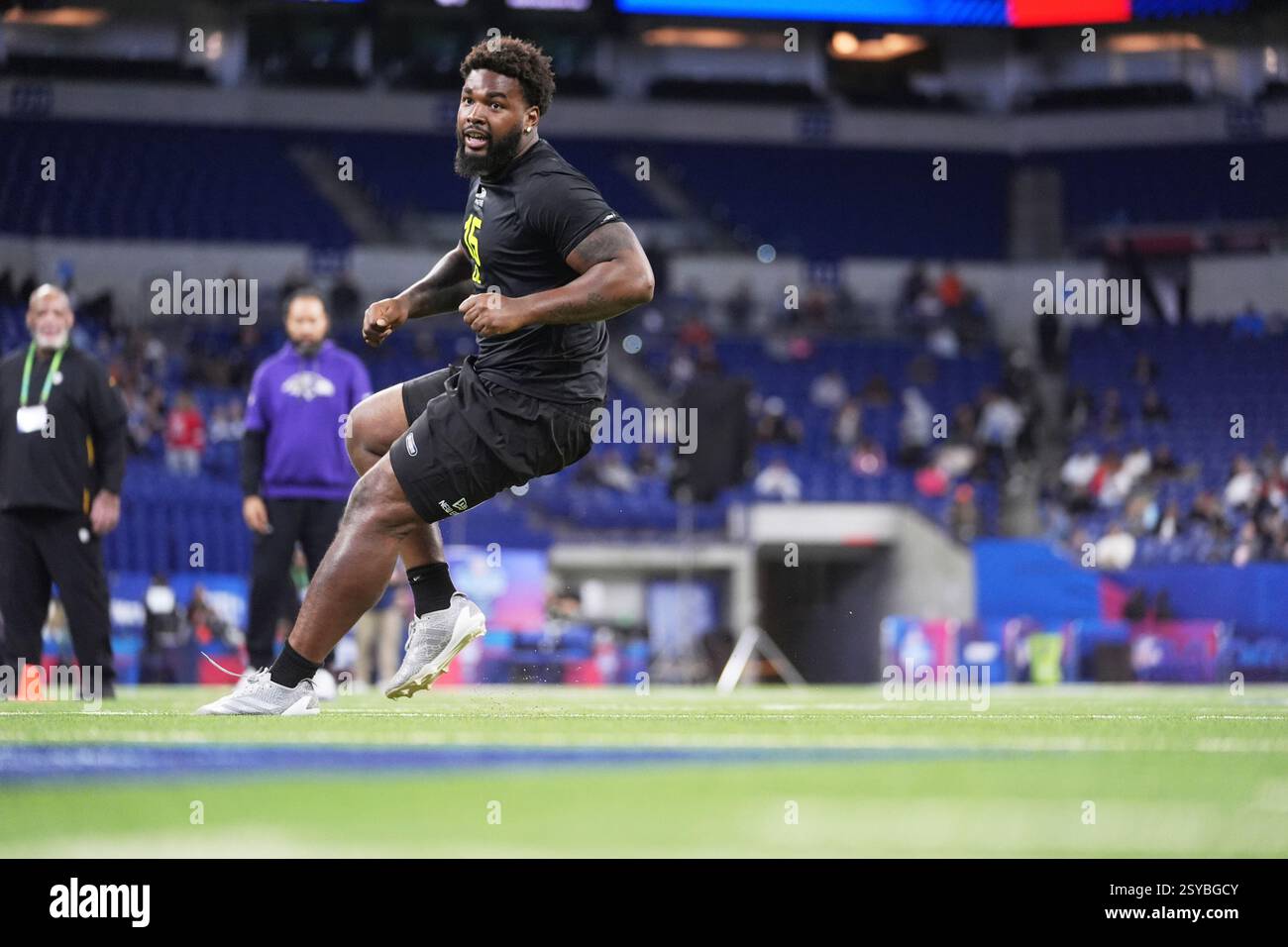 SMU defensive lineman Jared Harrison-Hunte runs a drill at the NFL ...