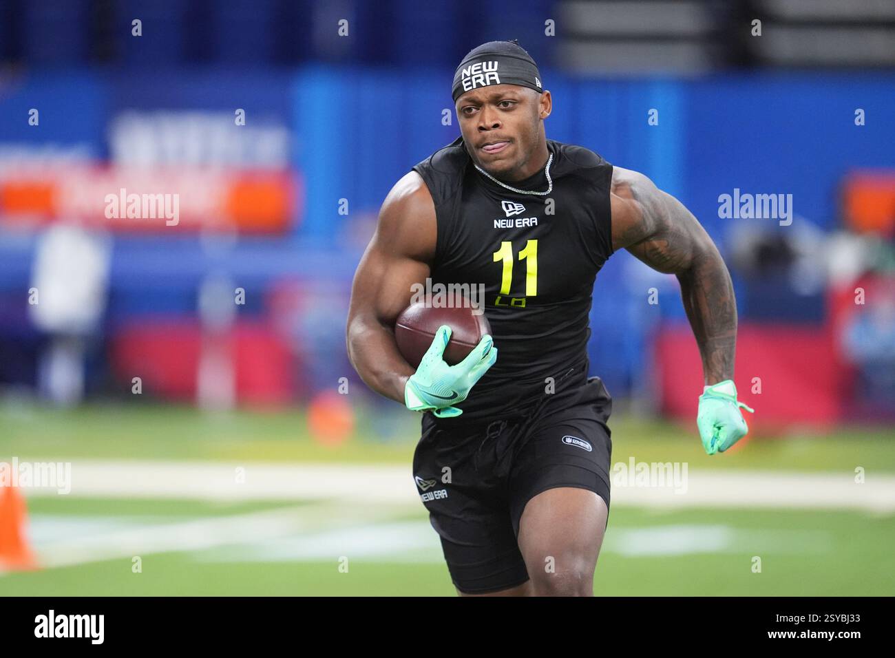 Penn State linebacker Kobe King runs a drill at the NFL football ...