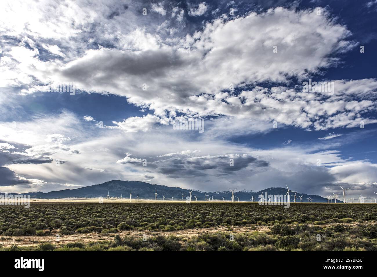 Wind turbines and wild thunder and rain clouds over the Great Basin ...