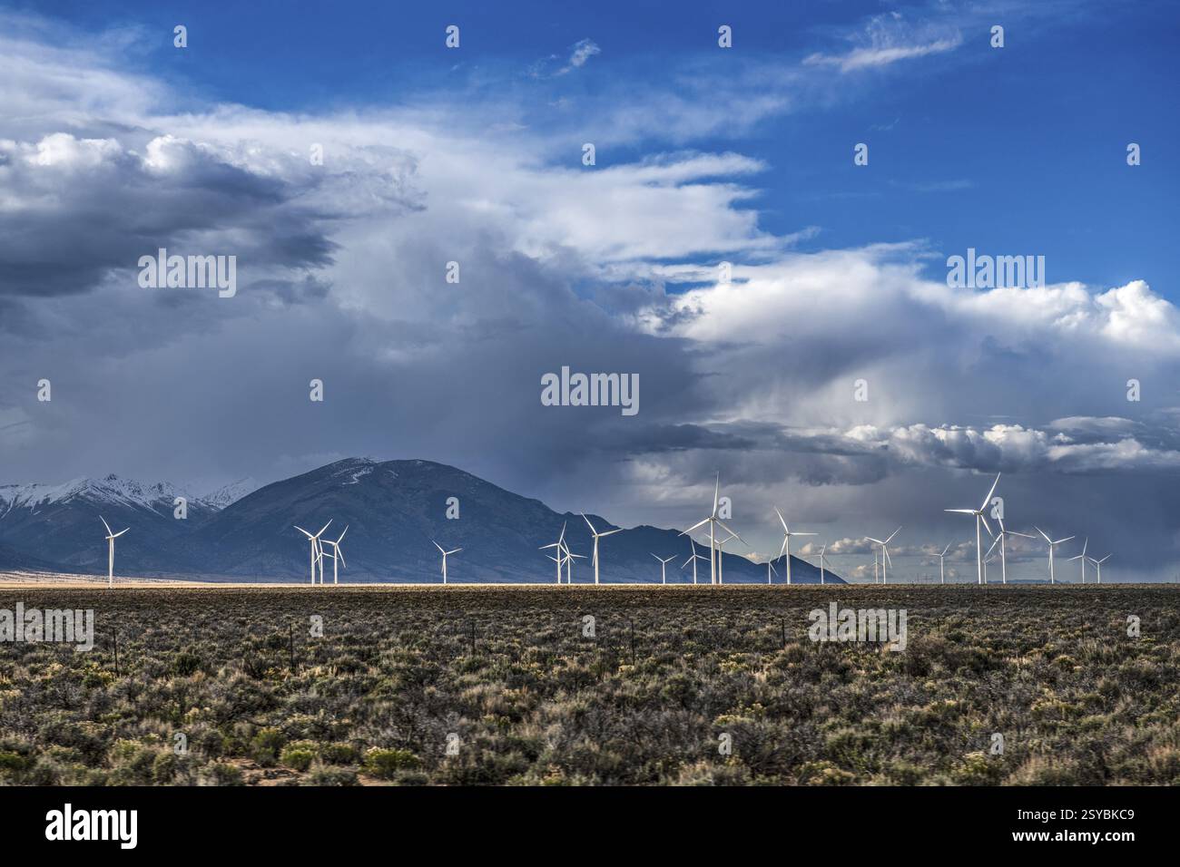 Wind turbines and wild thunder and rain clouds over the Great Basin ...