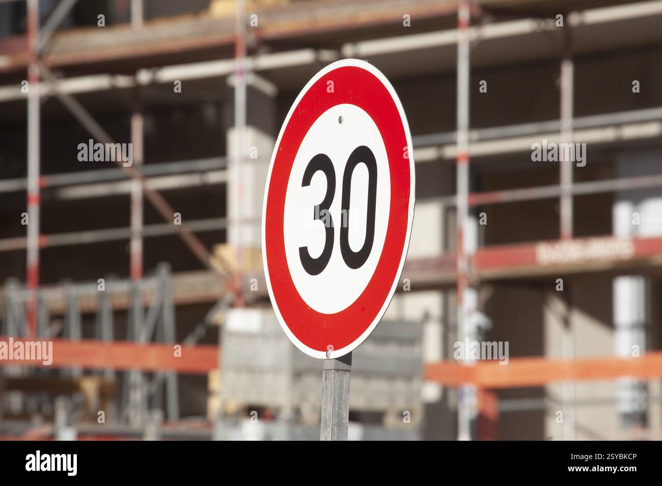 Traffic sign speed limit 30 km/h in front of a roadworks, Bremen ...