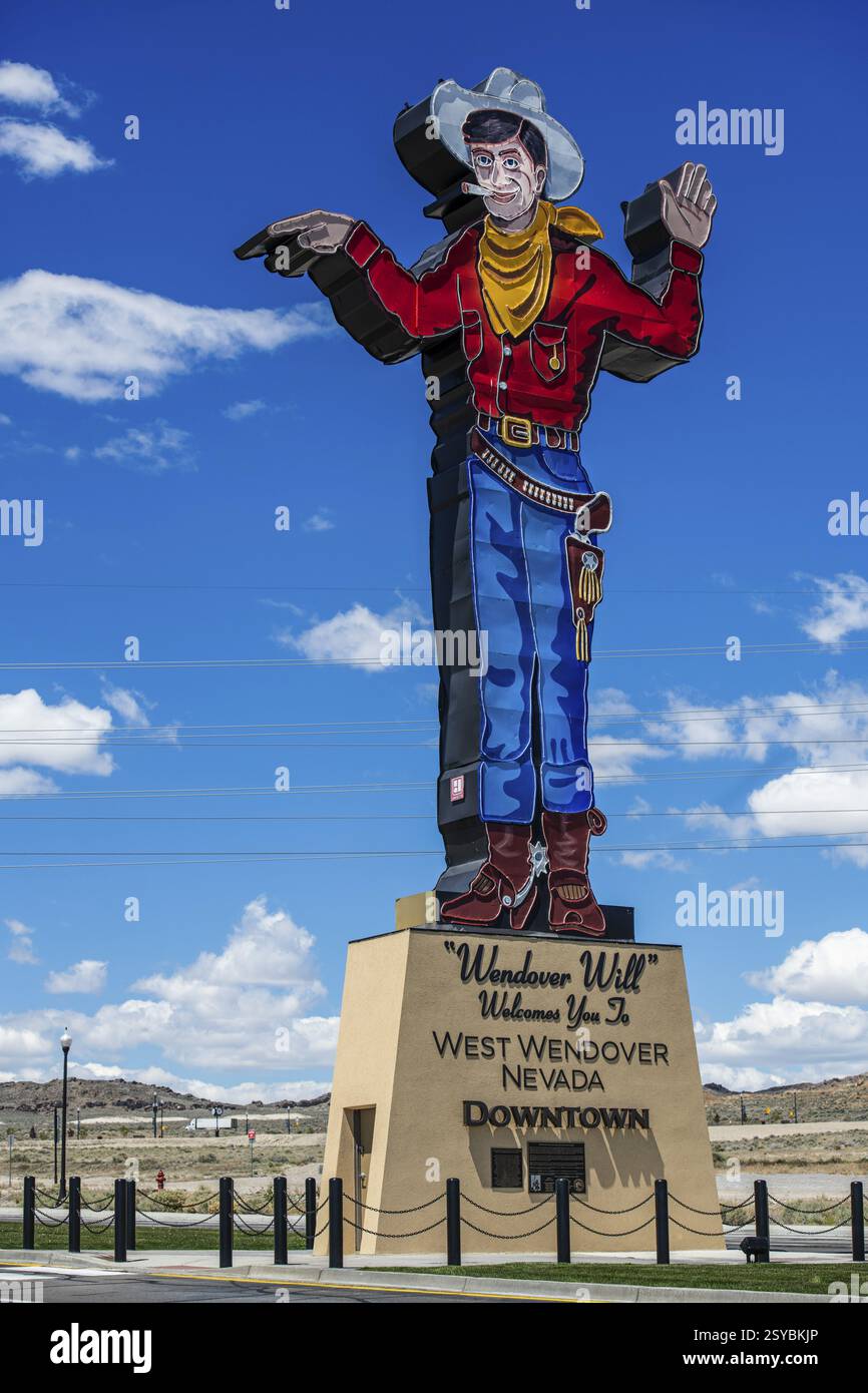 Neon cowboy Wendover Will, landmark of West Wendover, Nevada, USA ...