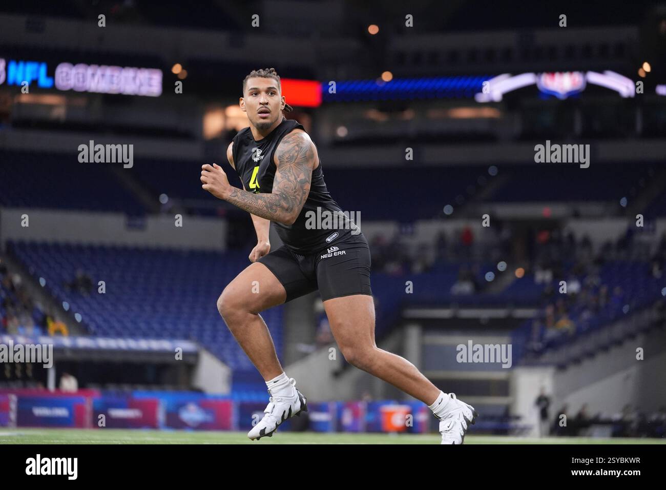 Miami defensive lineman Tyler Baron runs a drill at the NFL football ...