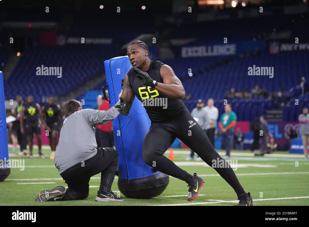 LSU defensive lineman Bradyn Swinson runs a drill at the NFL football ...
