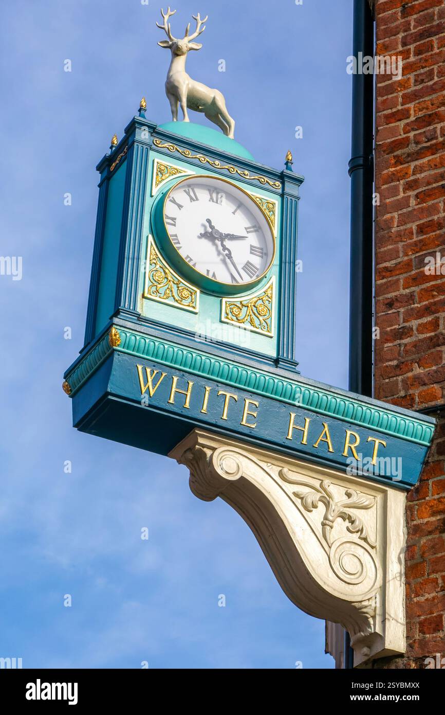 Clock sign for historic White Hart hotel, Bailgate, city of Lincoln ...