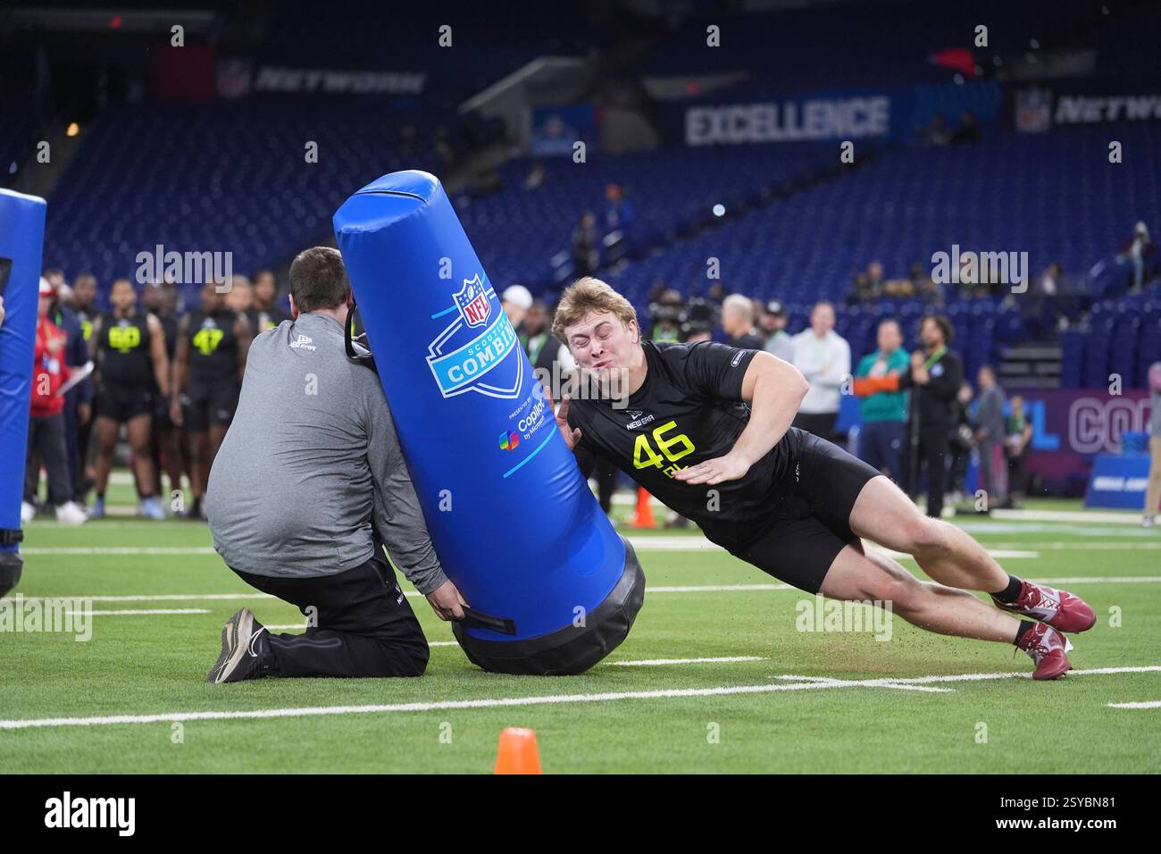 Oklahoma defensive lineman Ethan Downs runs a drill at the NFL football ...