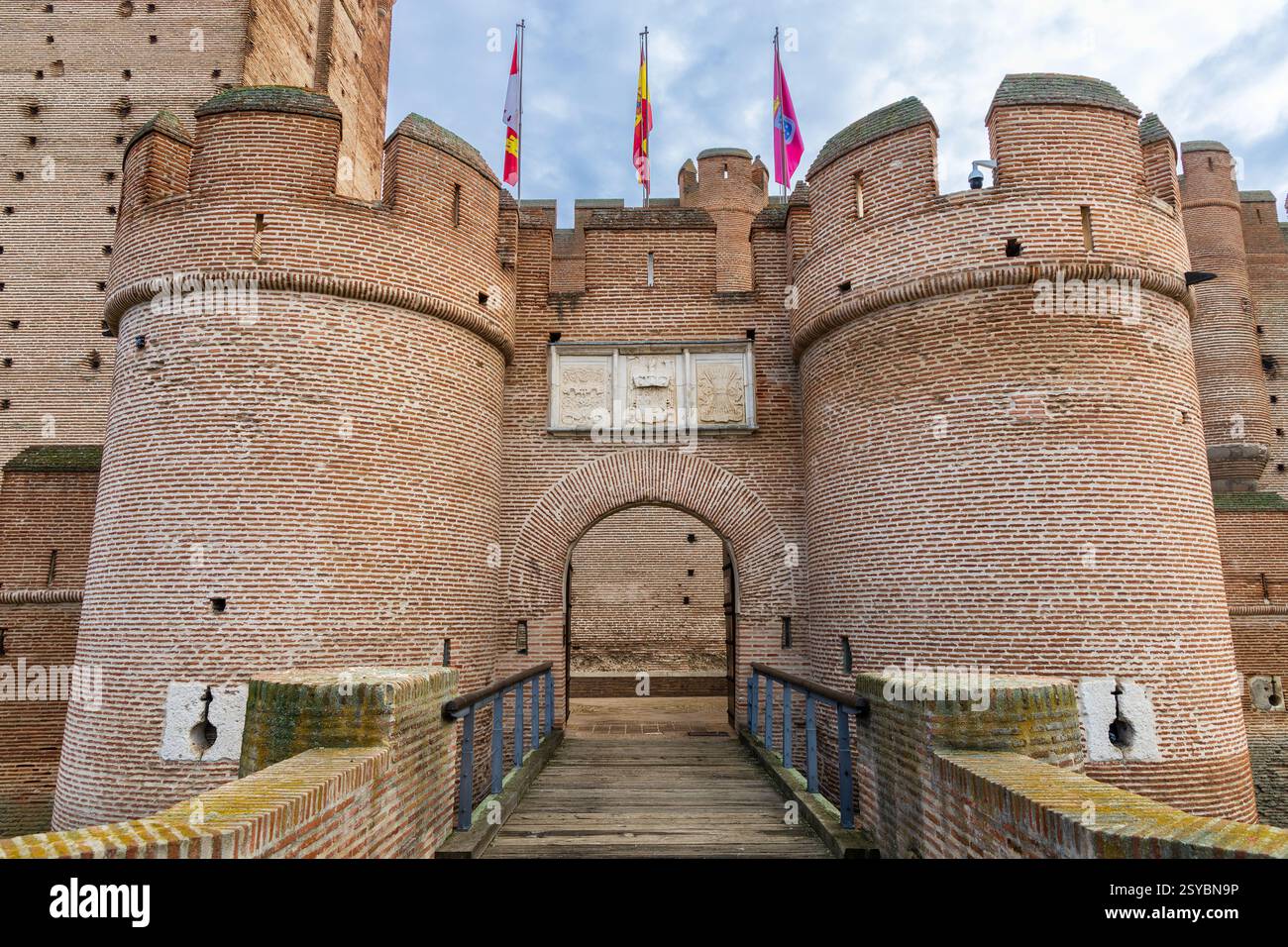 The entrance gates of the Mota Castle, a medieval fortress, surrounded ...