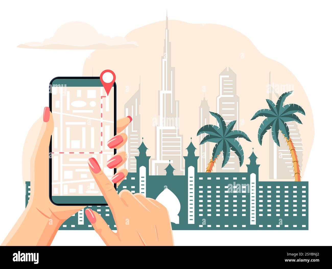 Vector illustration Walk around city. Navigation. Hands holding cell ...