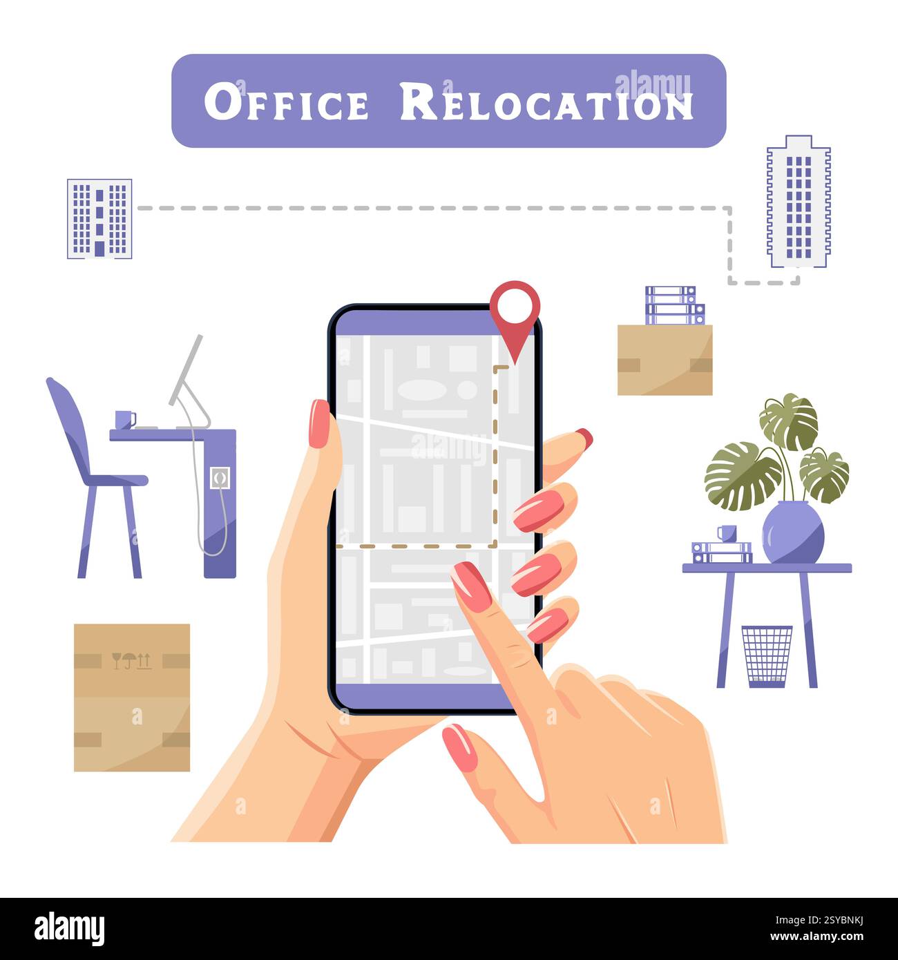 Vector illustration Relocation to new office. Hands with cell phone ...