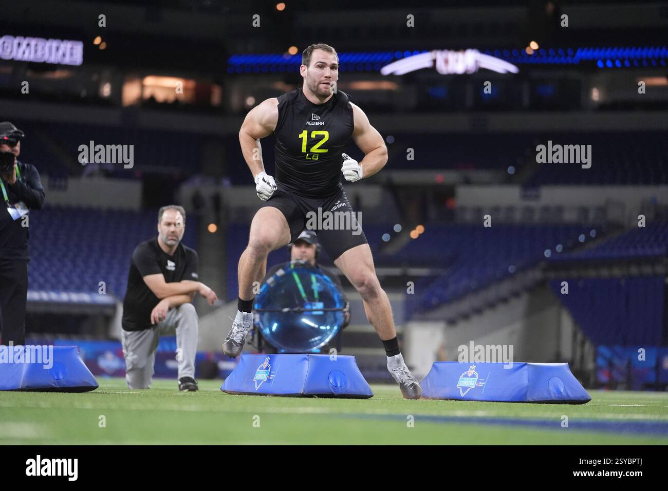 Notre Dame linebacker Jack Kiser runs a drill at the NFL football ...