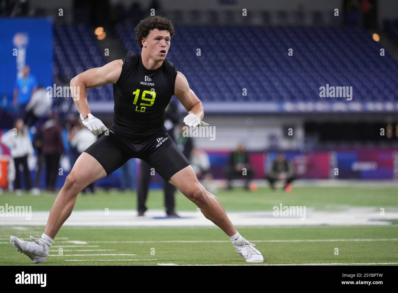 UCLA linebacker Kain Medrano runs a drill at the NFL football scouting ...