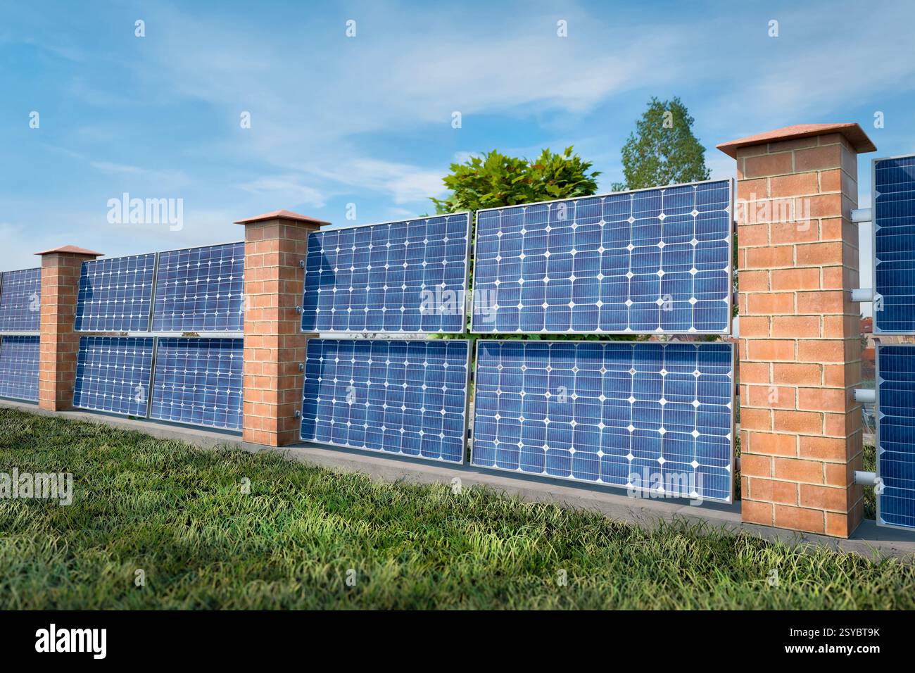 Fence made of red brick columns and solar panels - 3d rendering Stock ...