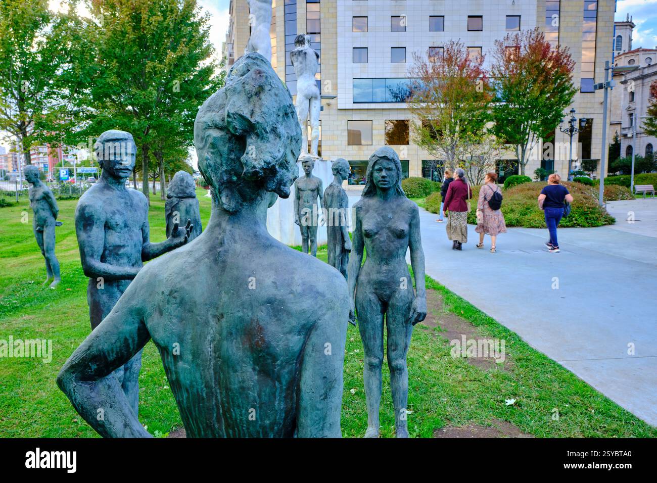 Bronze statues depicting people affected by the fire, part of the ...