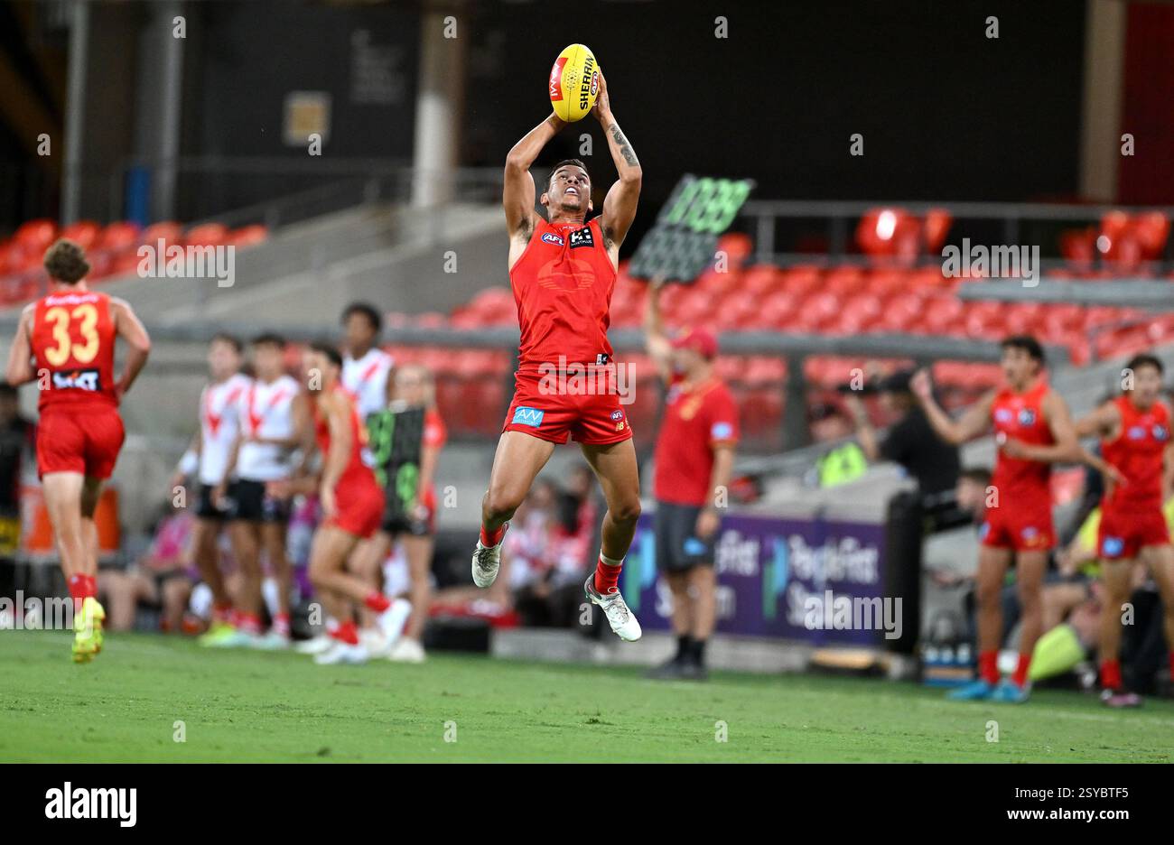 Daniel Rioli of the Suns takes a mark during the Community Series match ...