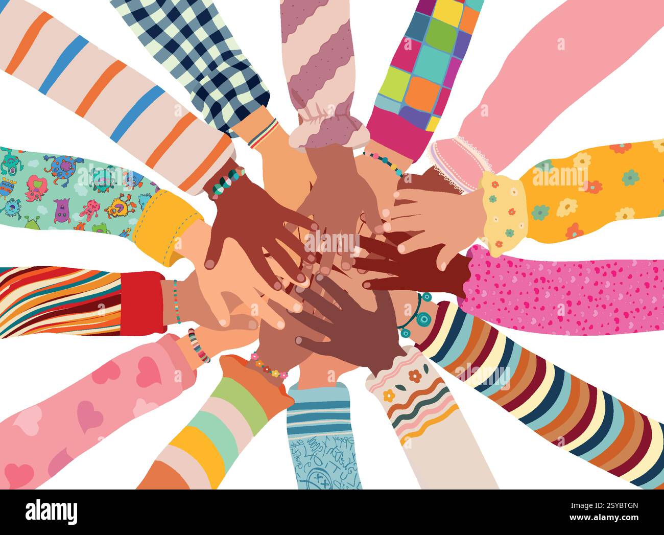 Hands stacked in a circle of multicultural children.Diversity Equality ...