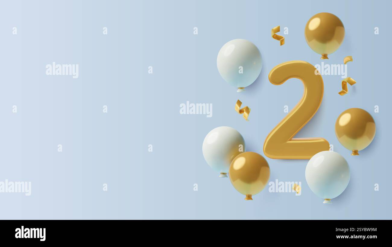 2 years birthday and anniversary 3D background with big gold number 2 ...