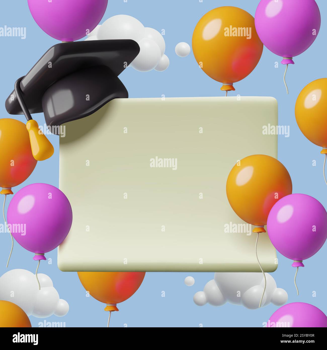 Graduation party square background template 3d render with balloons ...