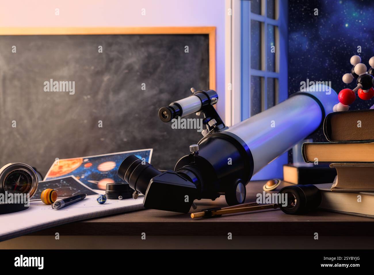 Student desk in a science classroom with wooden table with books ...