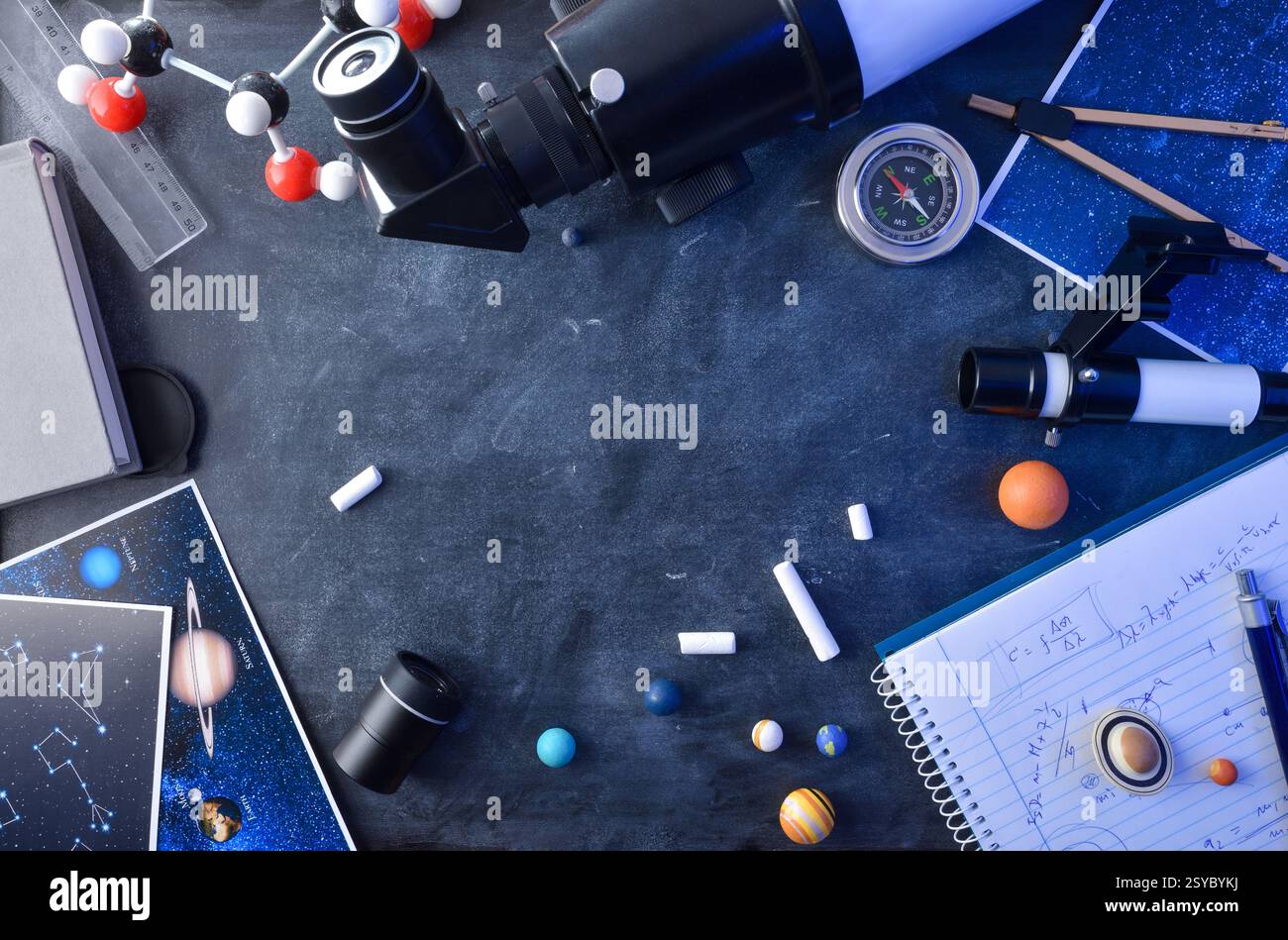 Background with educational material, photos, books and telescope for ...