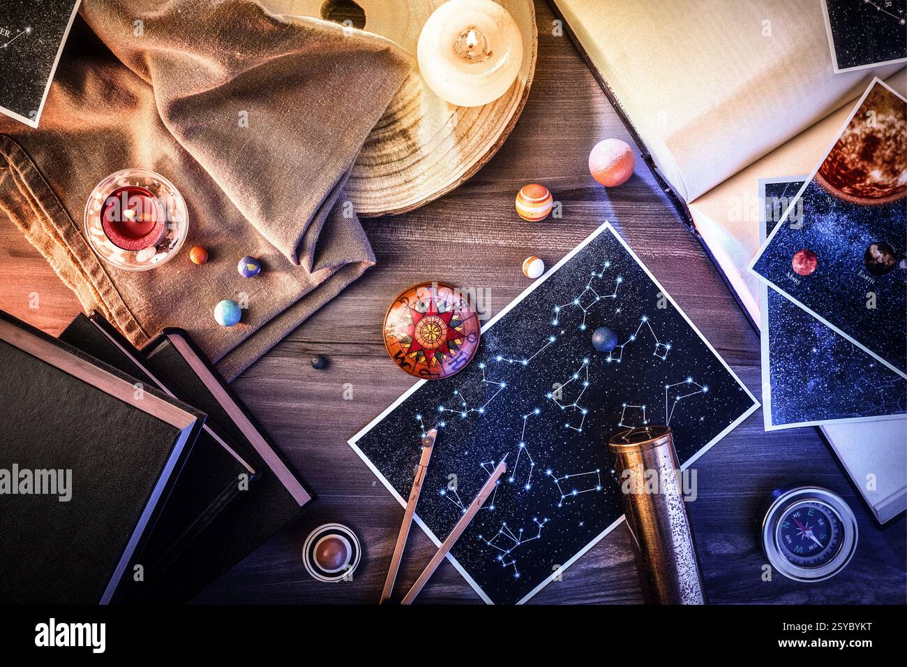 Concept of ancient astrology study with retro objects like charts ...