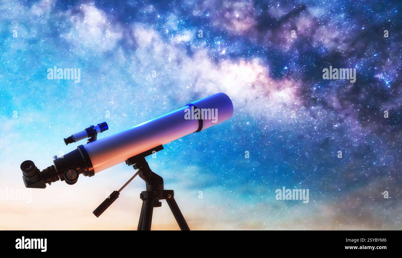 White telescope on tripod pointing at a starry sky at dusk. Side view ...