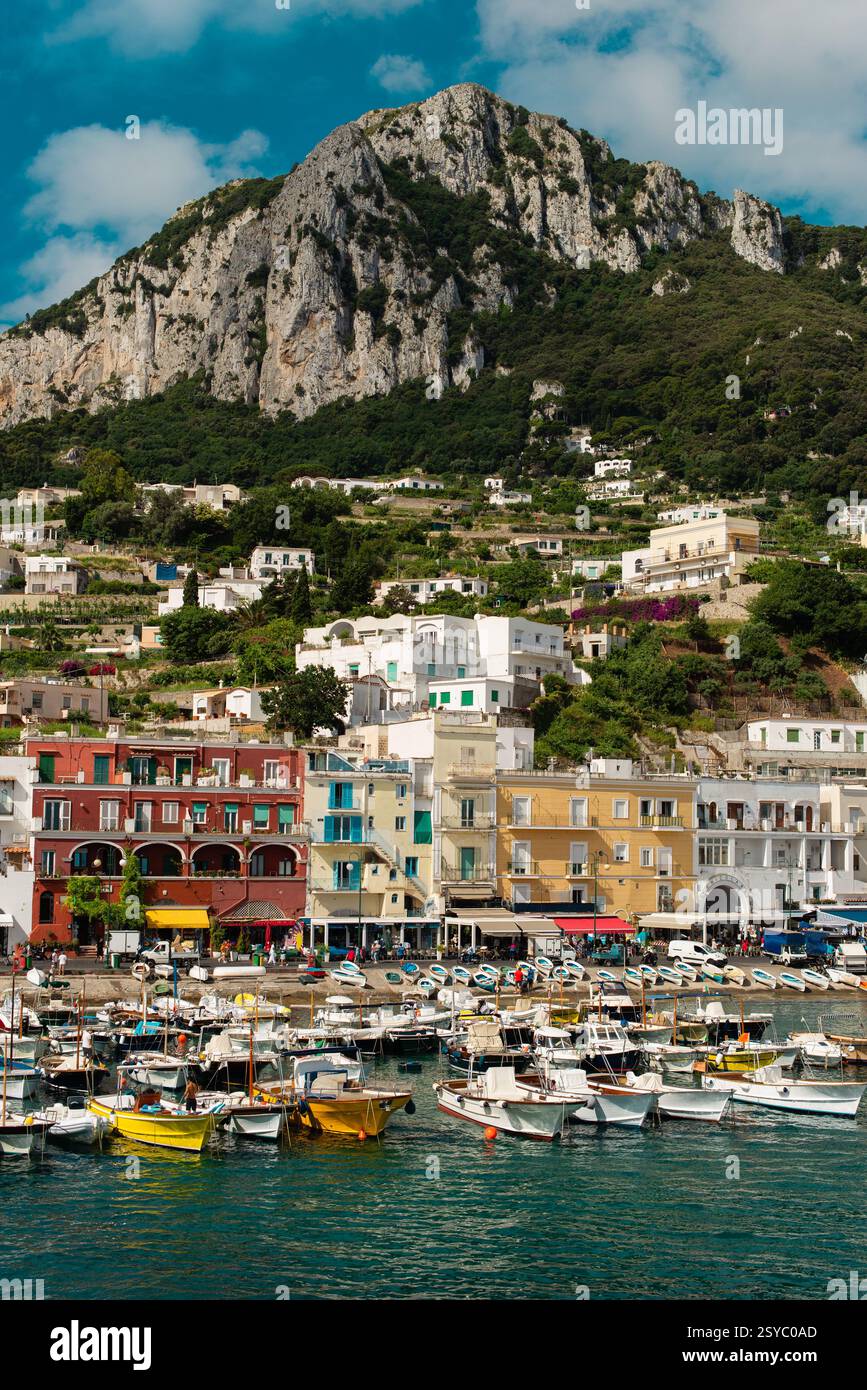 capri island view mountain vs. port and houses Stock Photo - Alamy