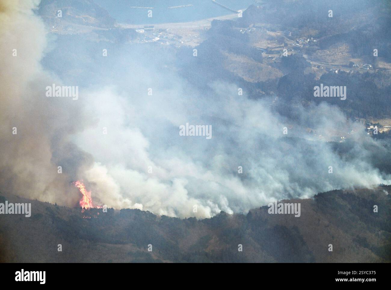 Aerial photo shows forest fire, February 28, 2025, in Ofunato City ...