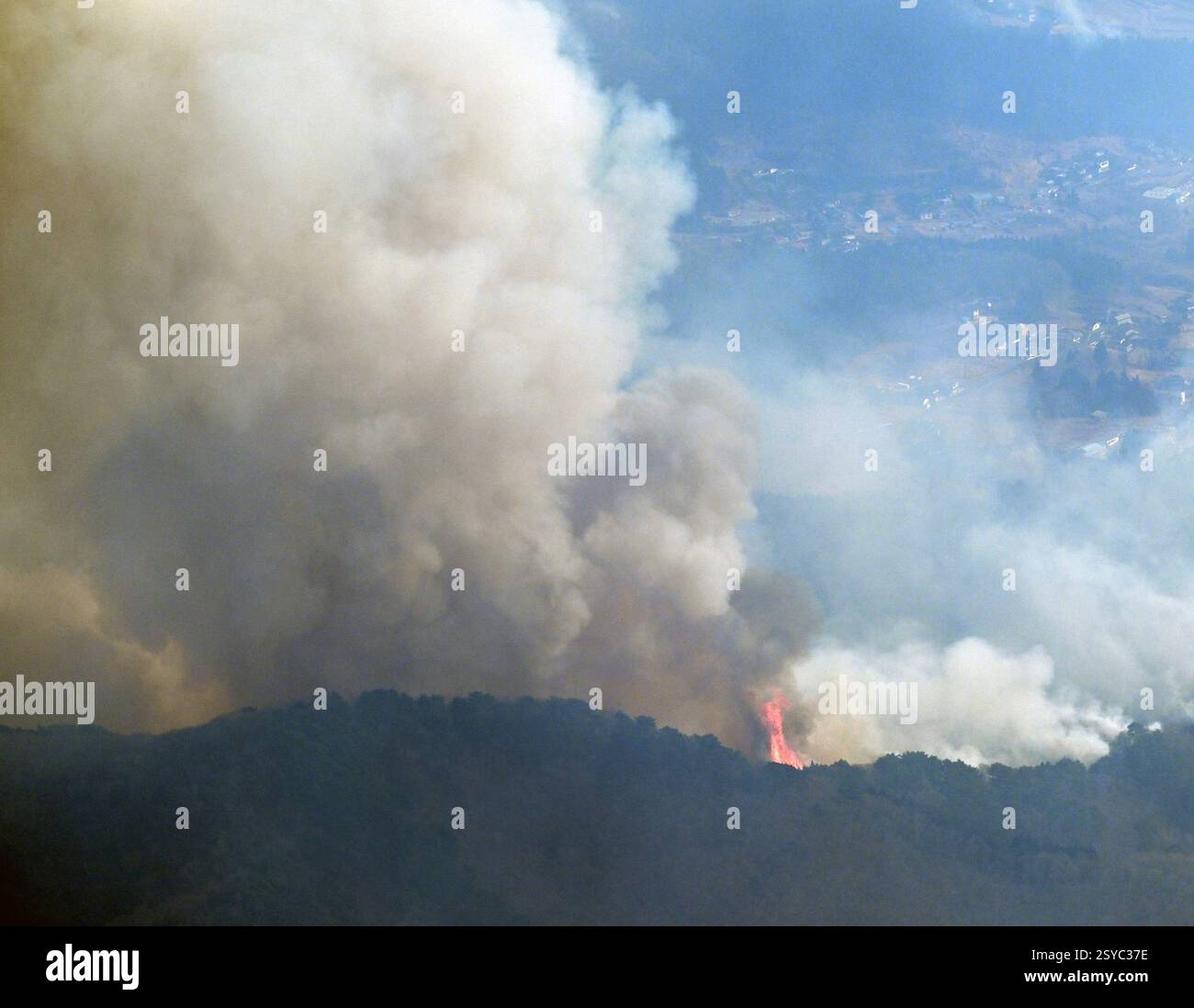 Aerial photo shows forest fire, February 28, 2025, in Ofunato City ...