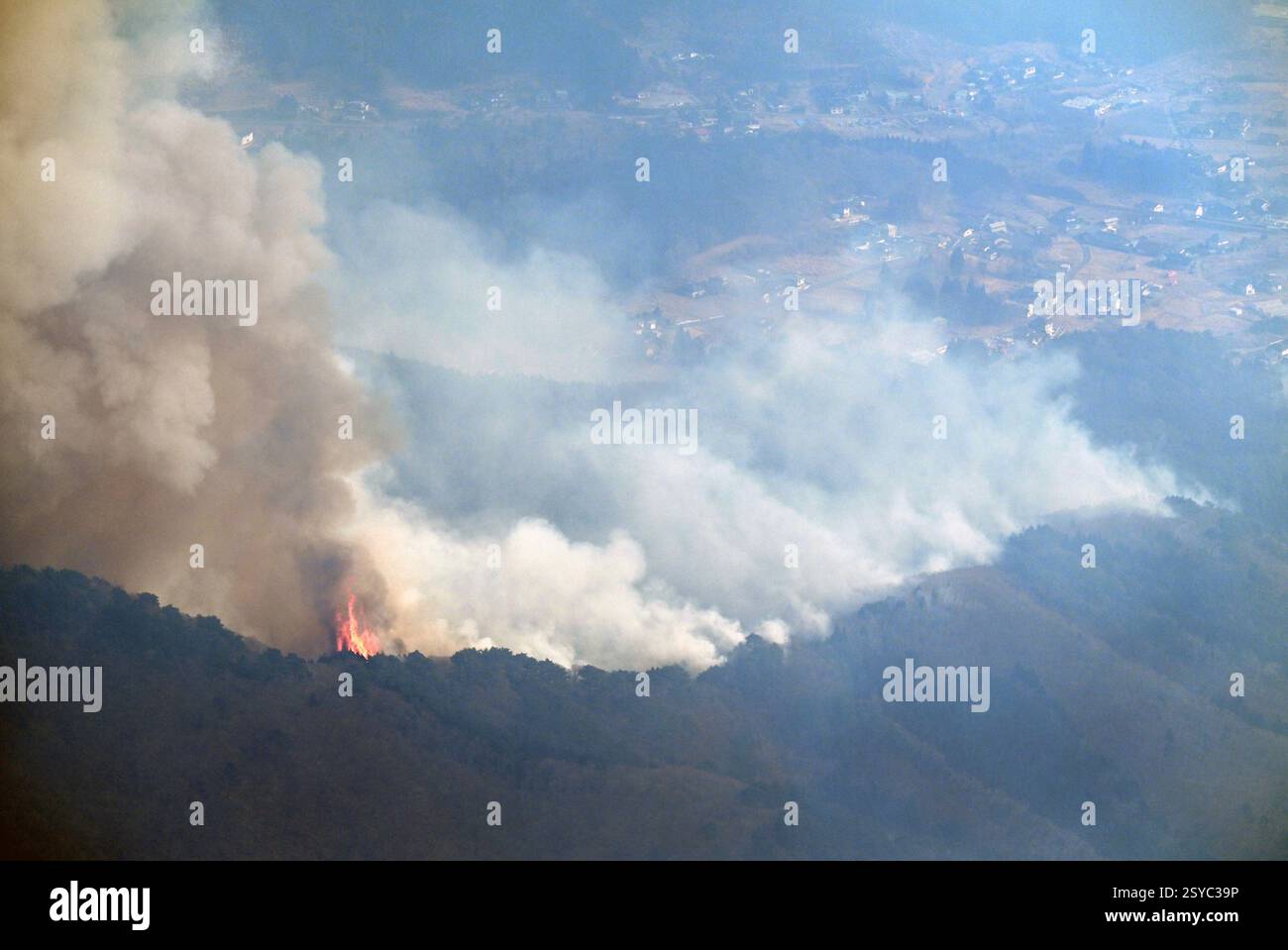 Aerial photo shows forest fire, February 28, 2025, in Ofunato City ...