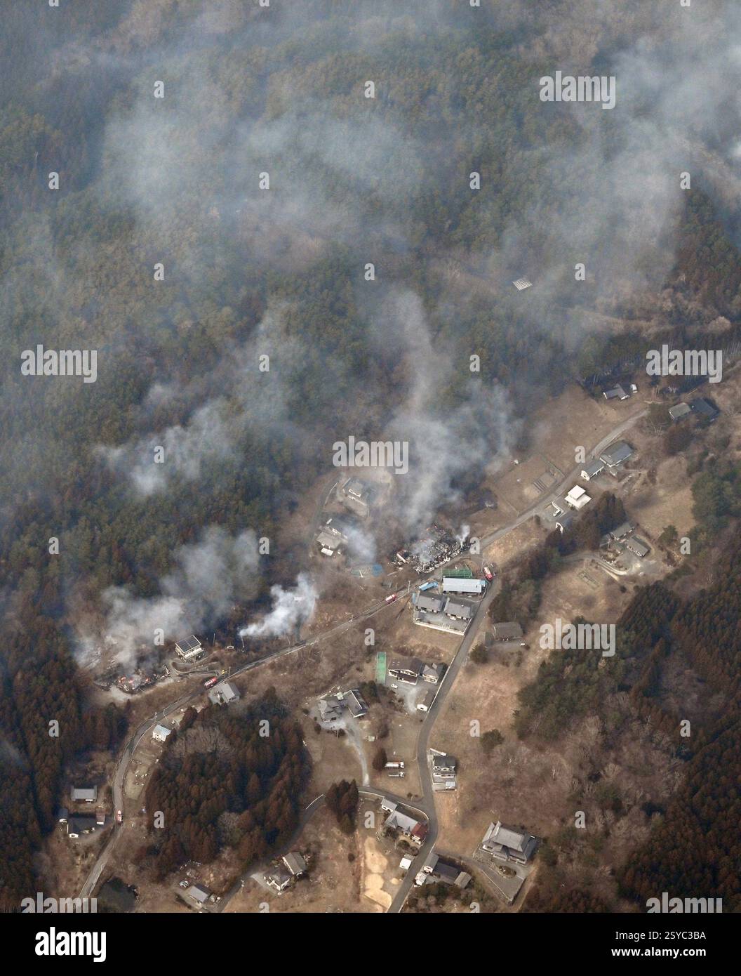 Aerial photo shows forest fire, February 28, 2025, in Ofunato City ...