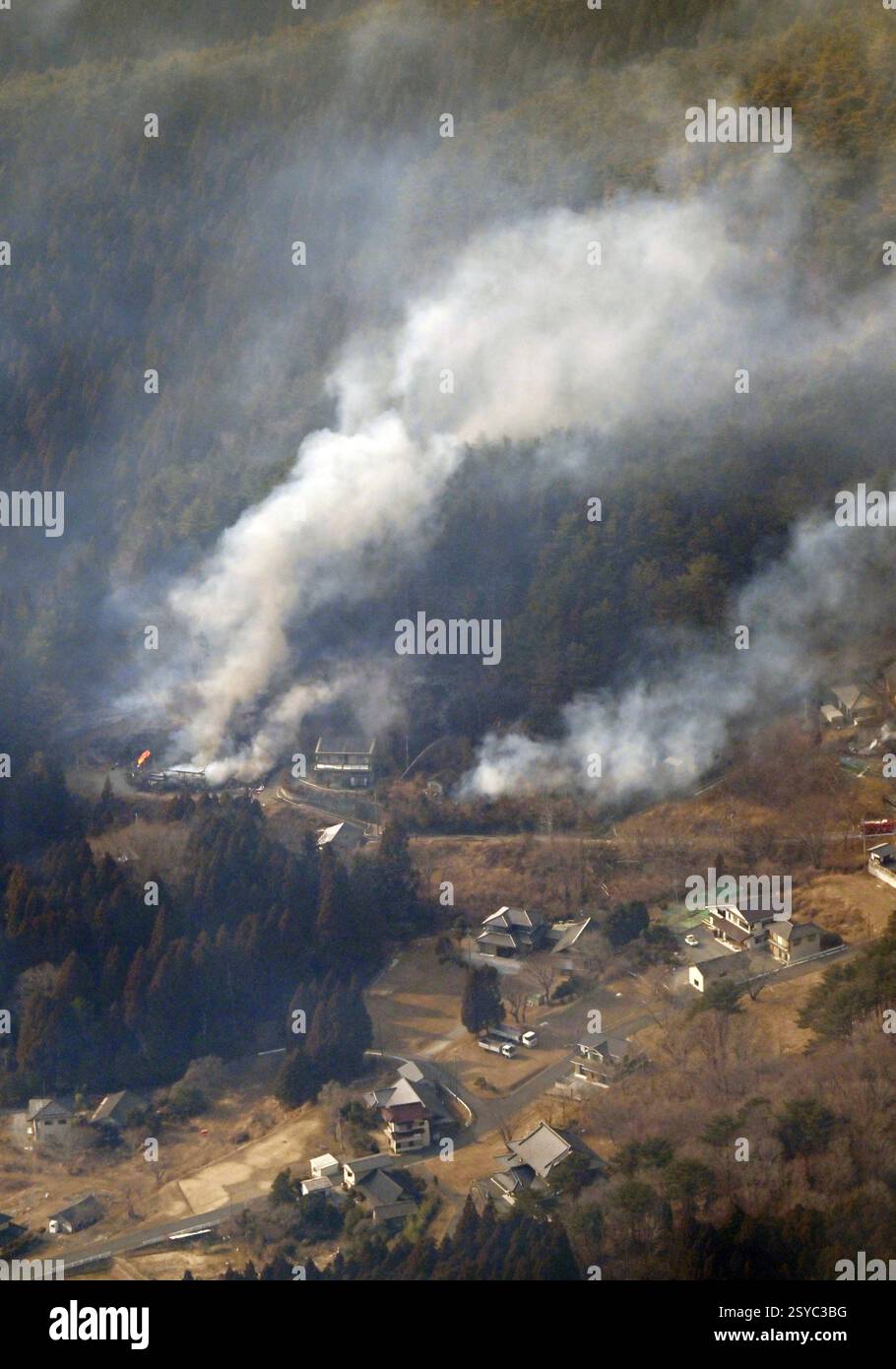 Aerial photo shows forest fire, February 28, 2025, in Ofunato City ...