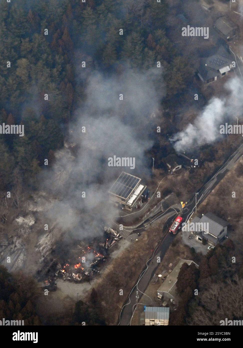 Aerial photo shows forest fire, February 28, 2025, in Ofunato City ...