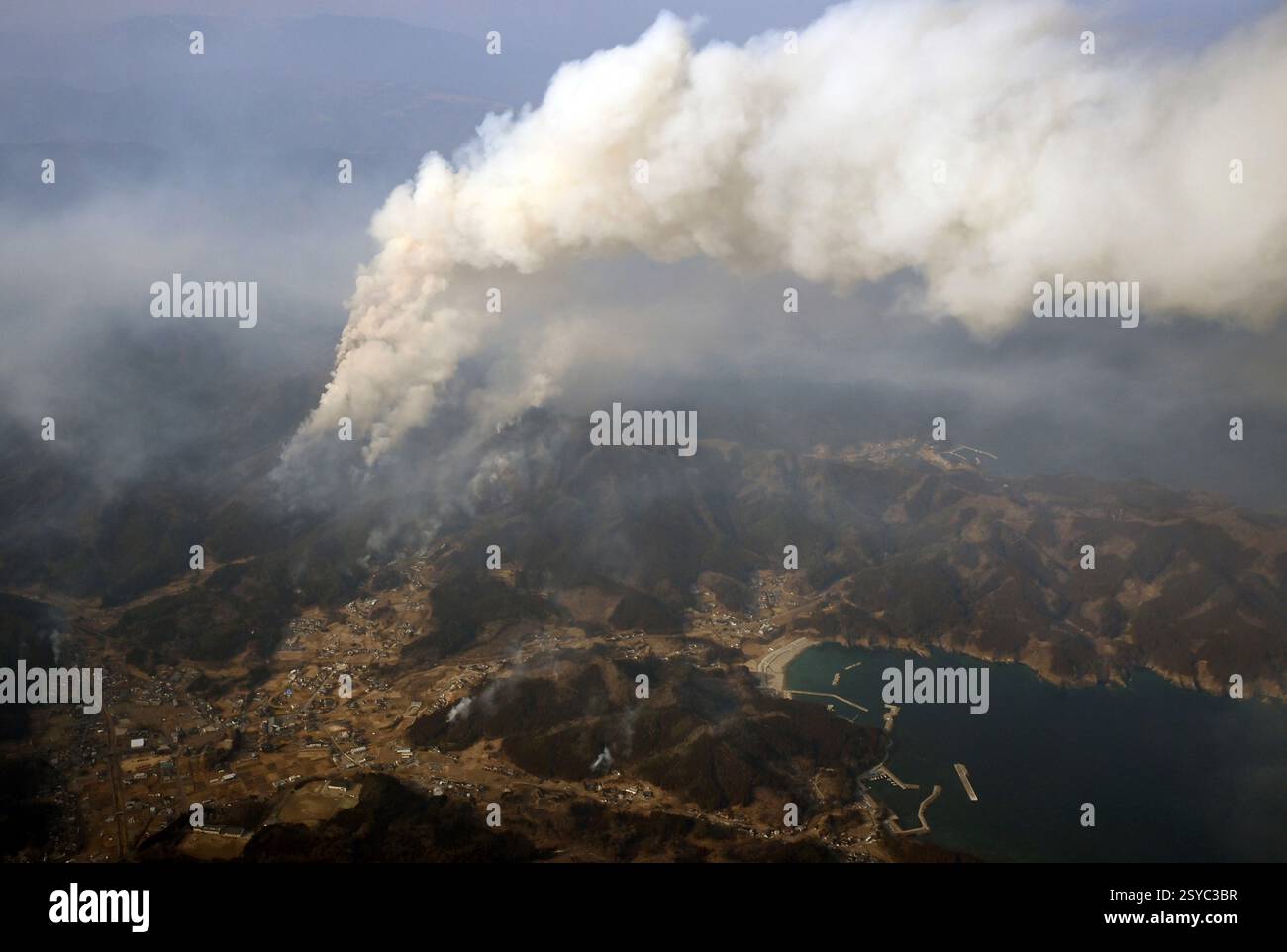 Aerial photo shows forest fire, February 28, 2025, in Ofunato City ...