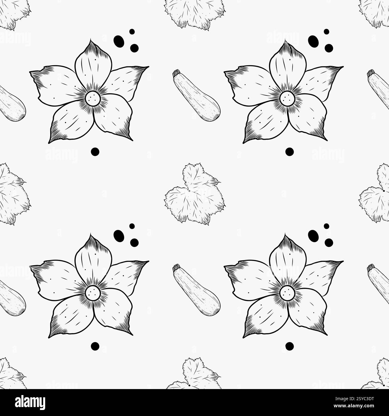 Vector zucchini seamless pattern. Zucchini slices, flowers and leaves ...