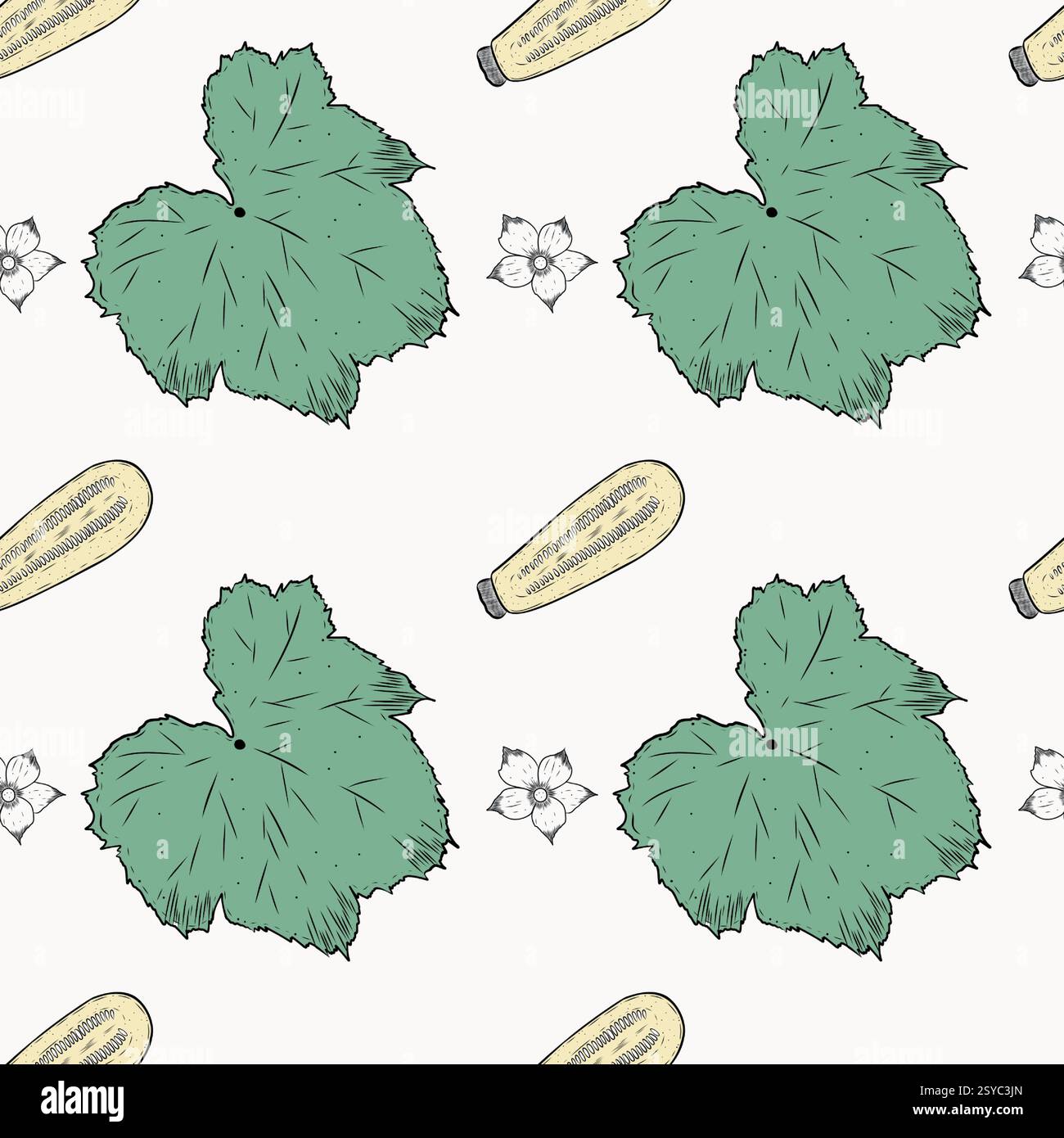 Vector zucchini seamless pattern. Zucchini slices, flowers and green leaves on a white ...