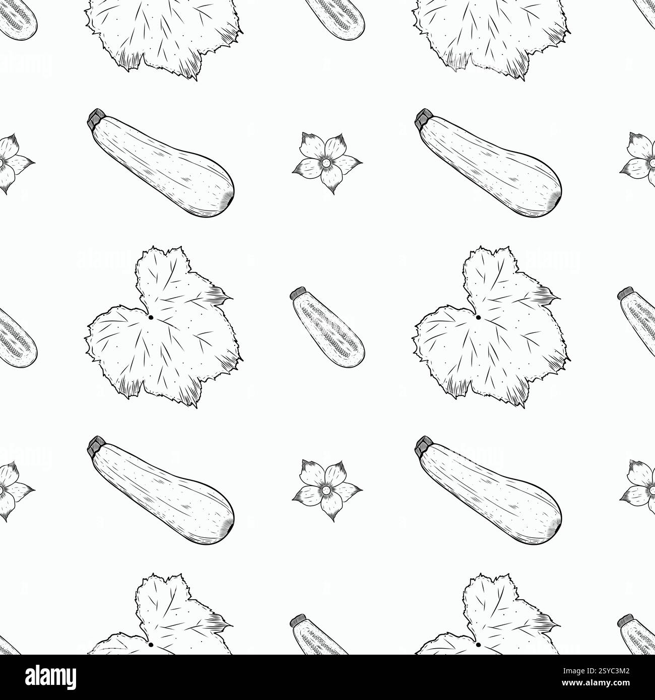 Vector zucchini seamless pattern. Zucchini slices, flowers and leaves ...