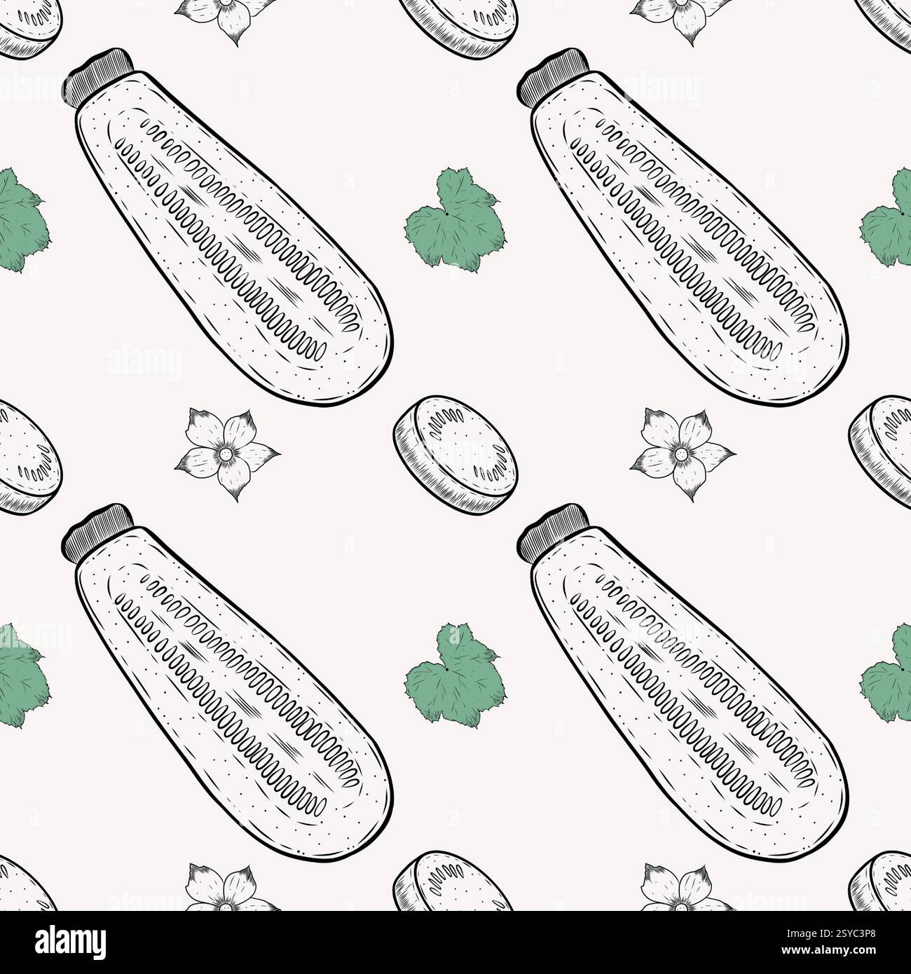 Vector zucchini seamless pattern. Zucchini slices, flowers and green ...