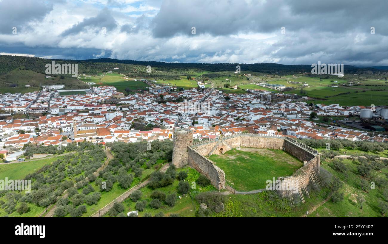 aerial view of the municipality of Alanís and its castle in the ...