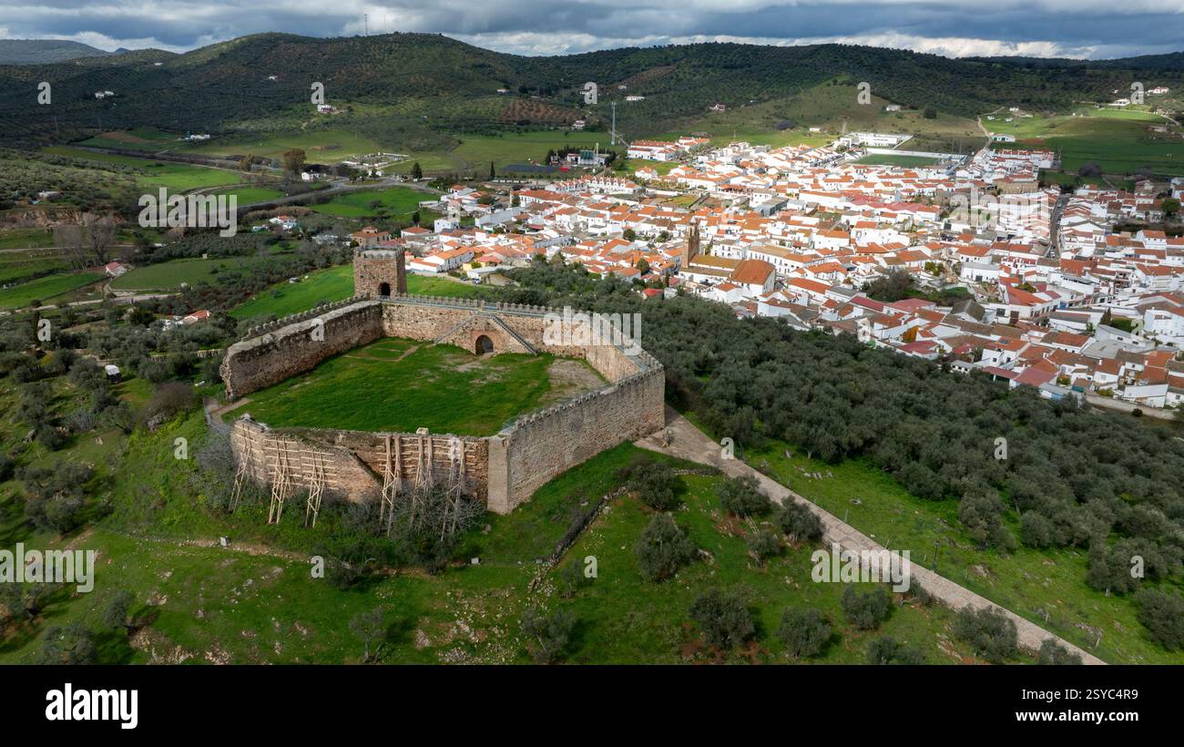 aerial view of the municipality of Alanís and its castle in the ...