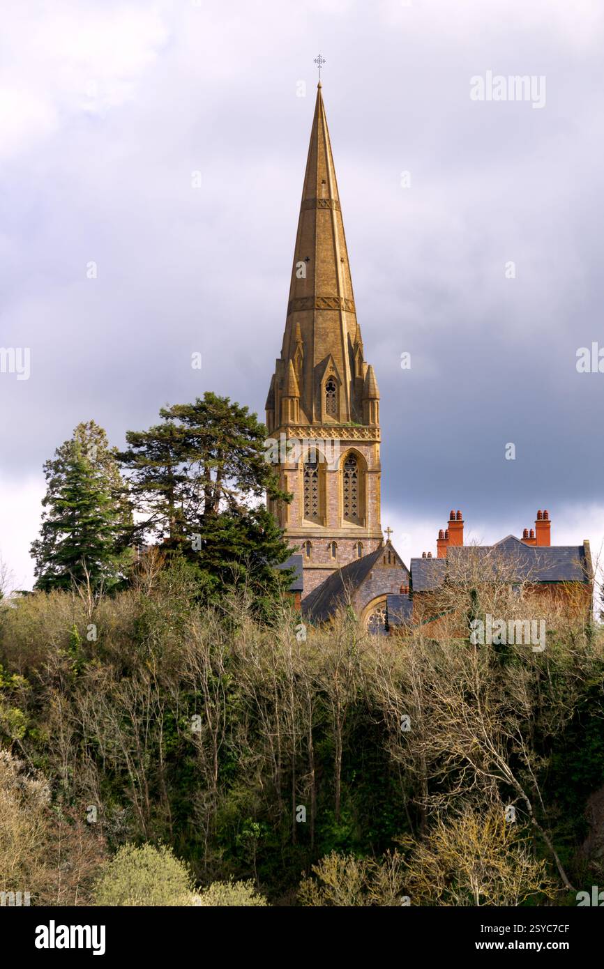 View of the spire of the church in Crediton, April, Devon, England ...
