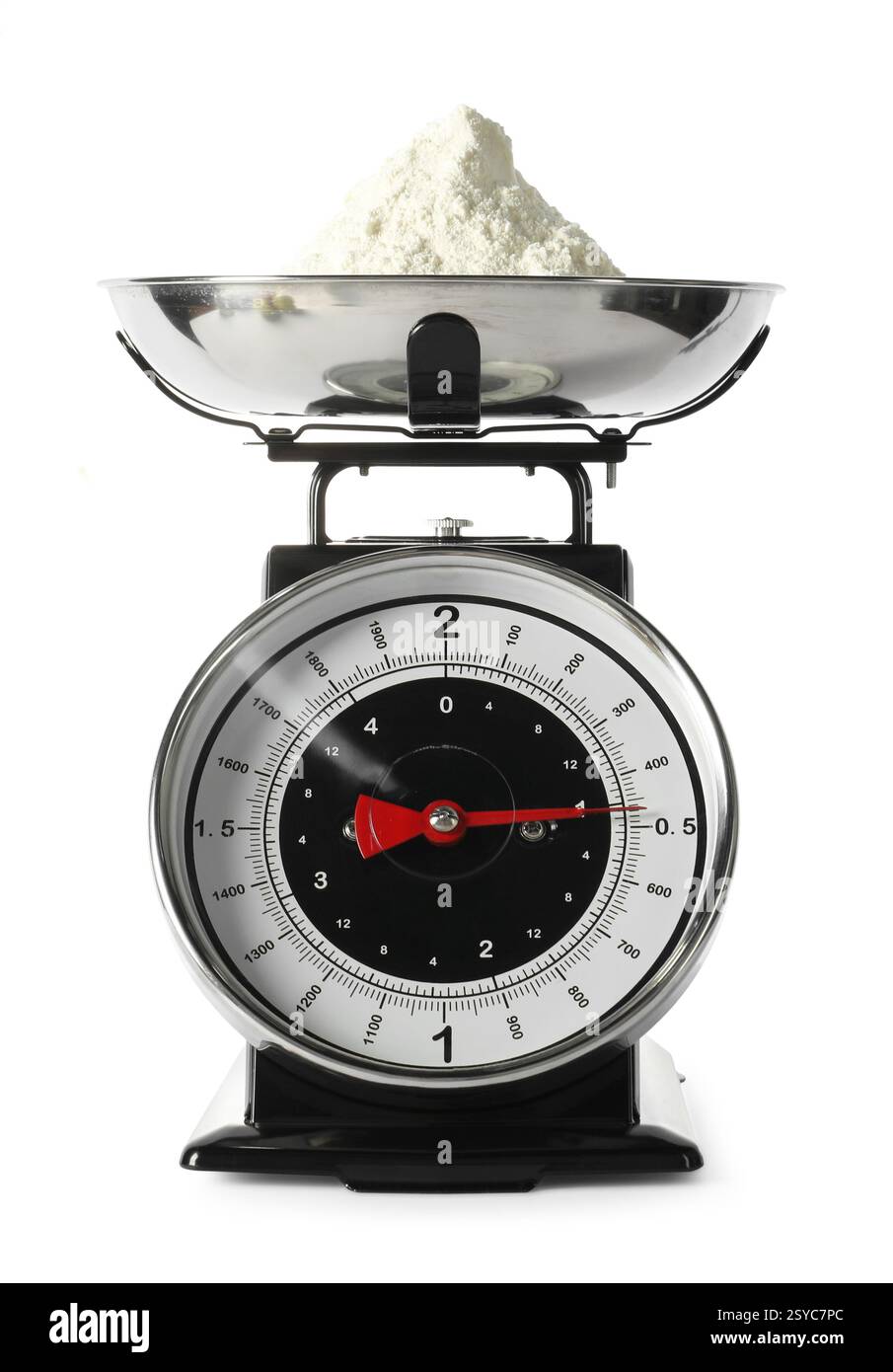 Retro mechanical kitchen scale with flour isolated on white Stock Photo ...